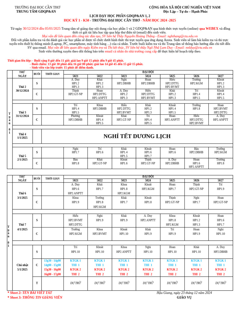 Lịch Học Gdqp Hp 1, 2 - Hk 2 - k50 | PDF