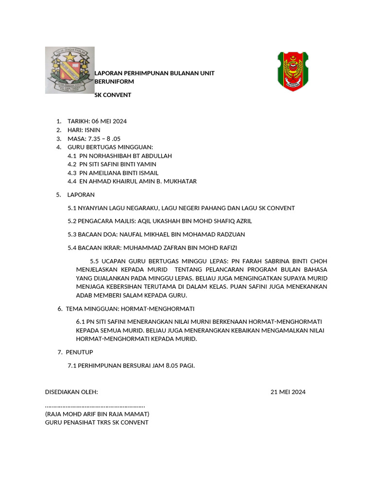 Laporan Perhimpunan Bulanan Unit Beruniform TKRS | PDF