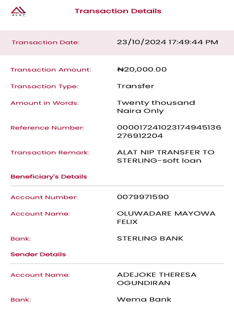 ALAT Transfer Receipt - OLUWADARE MAYOWA FELIX - 0079971590 - 20,000.00 ...