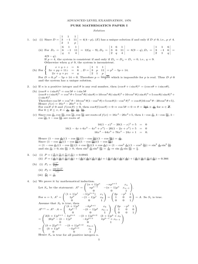 AL Pure Mathematics 1976 Paper 1+2 Suggested Solutions | PDF
