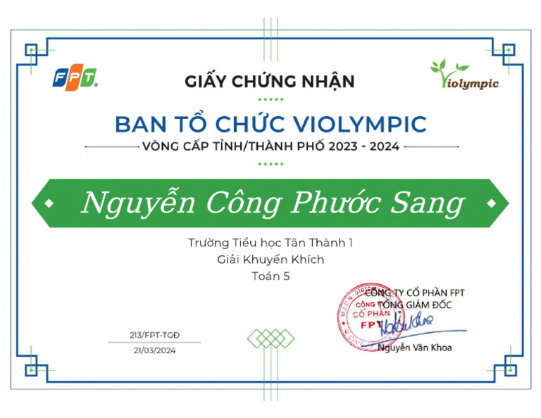 Giấy Chứng Nhận - Violympic Ttv 5 - Phước Sang | PDF