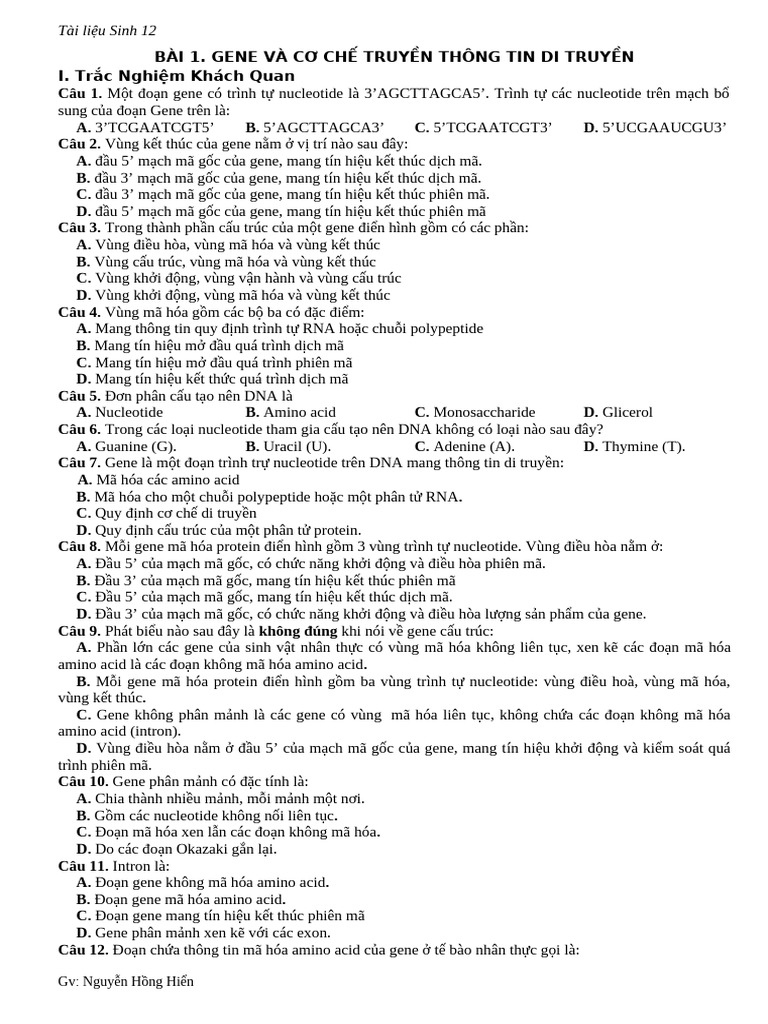 Đề Cương Sinh 12 Hk1 (1). | PDF