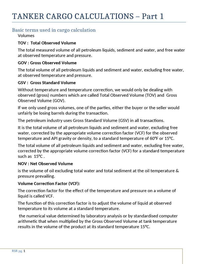 Tanker Cargo Calculation Basics | PDF | Volume | Density