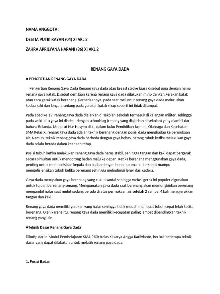 Modul Renang Gaya Dada - Xi Akl 2 | PDF