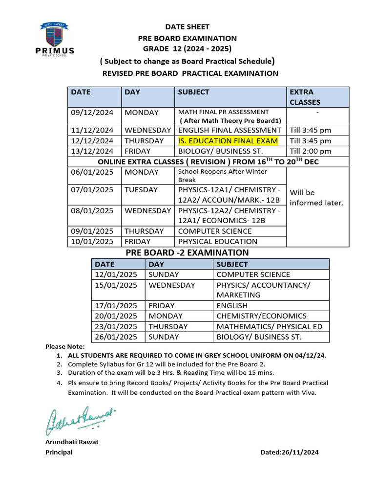 Revised Pre Board PR Exam Date Sheet and PreBoard 2 Gr12 | PDF ...