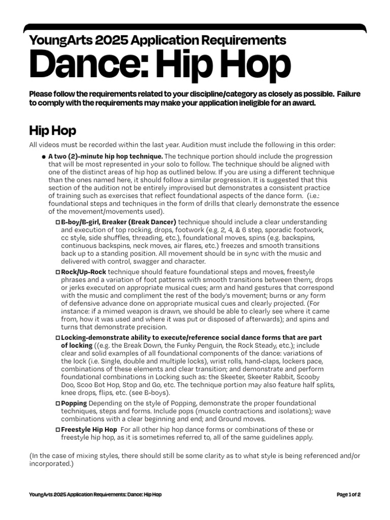 2025 Youngarts Application Requirements Dance Hip Hop | PDF | Audition | Dances