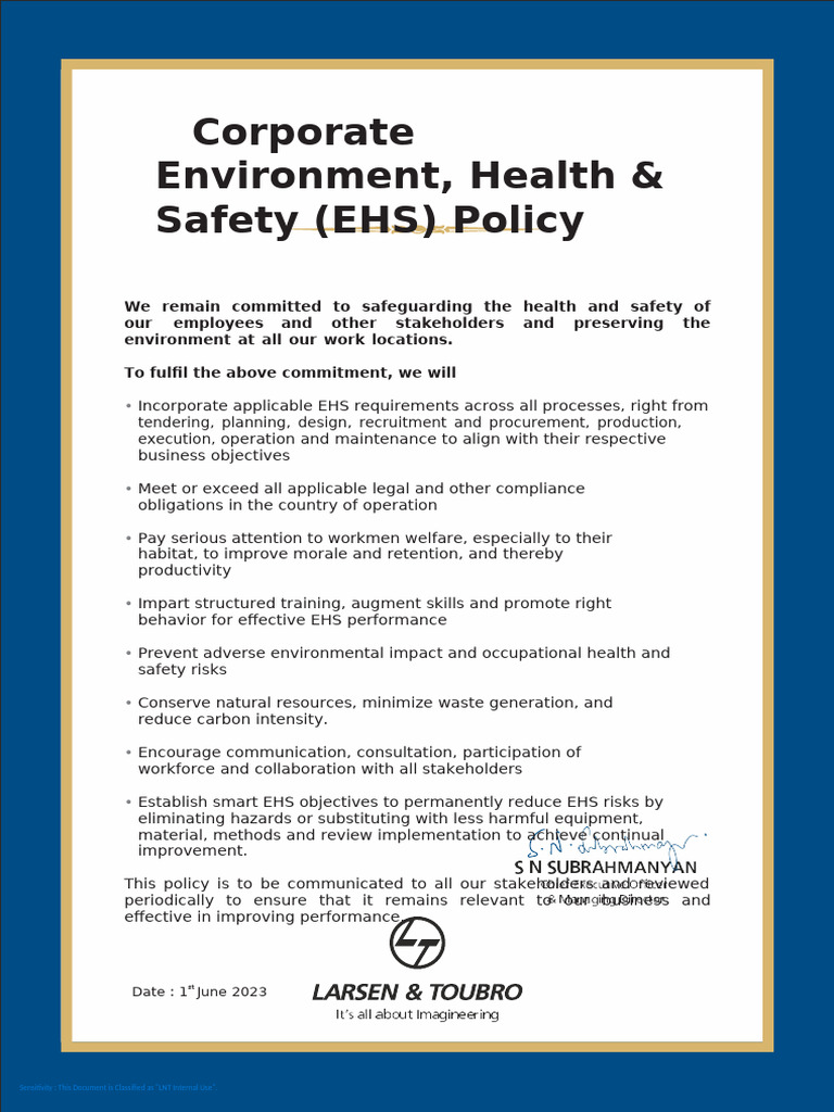 Annexure 2.1. EHS POLICY | PDF | Occupational Safety And Health | Natural Environment