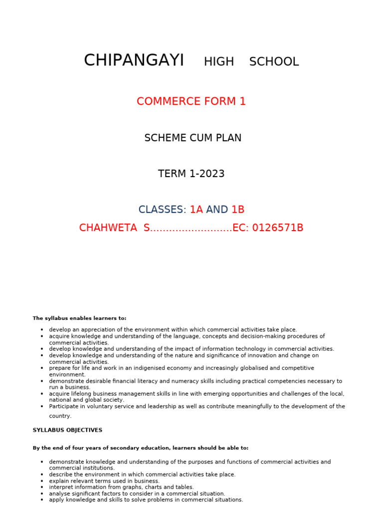 COMMERCE SCHEME FORM 1-1 | PDF | Educational Technology | Learning