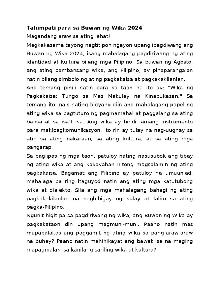 Talumpati para Sa Buwan NG Wika 2024 | PDF