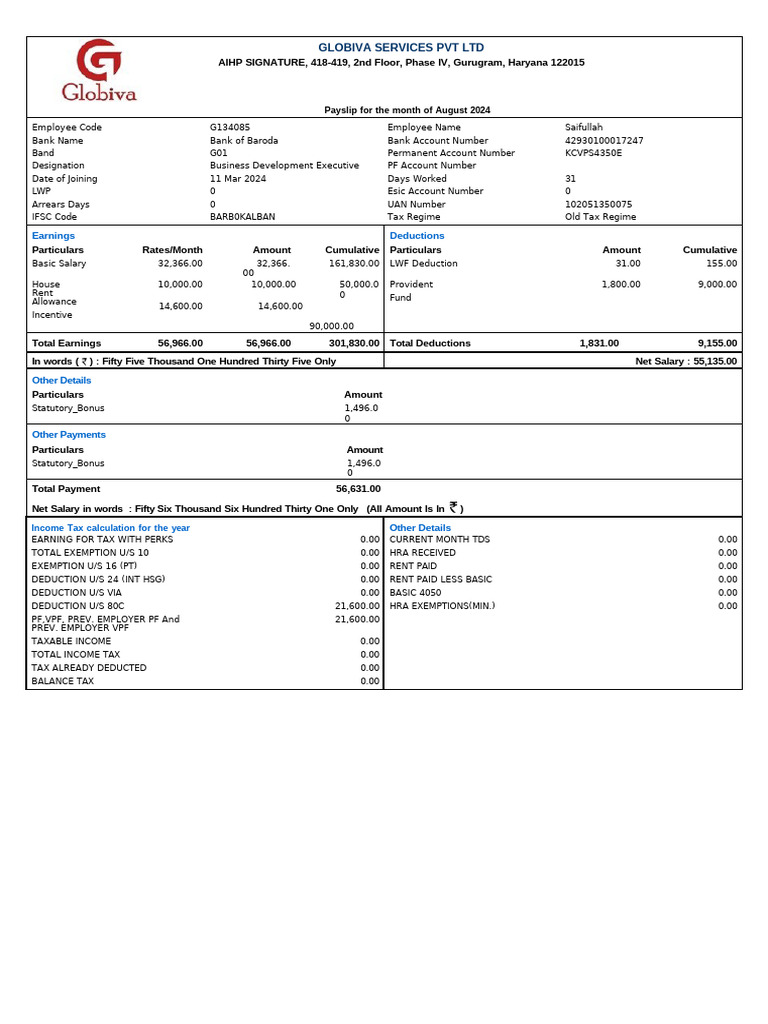 Payslip 2024 2025 8 g134085 GLOBIVA | PDF | Tax Deduction | Taxes