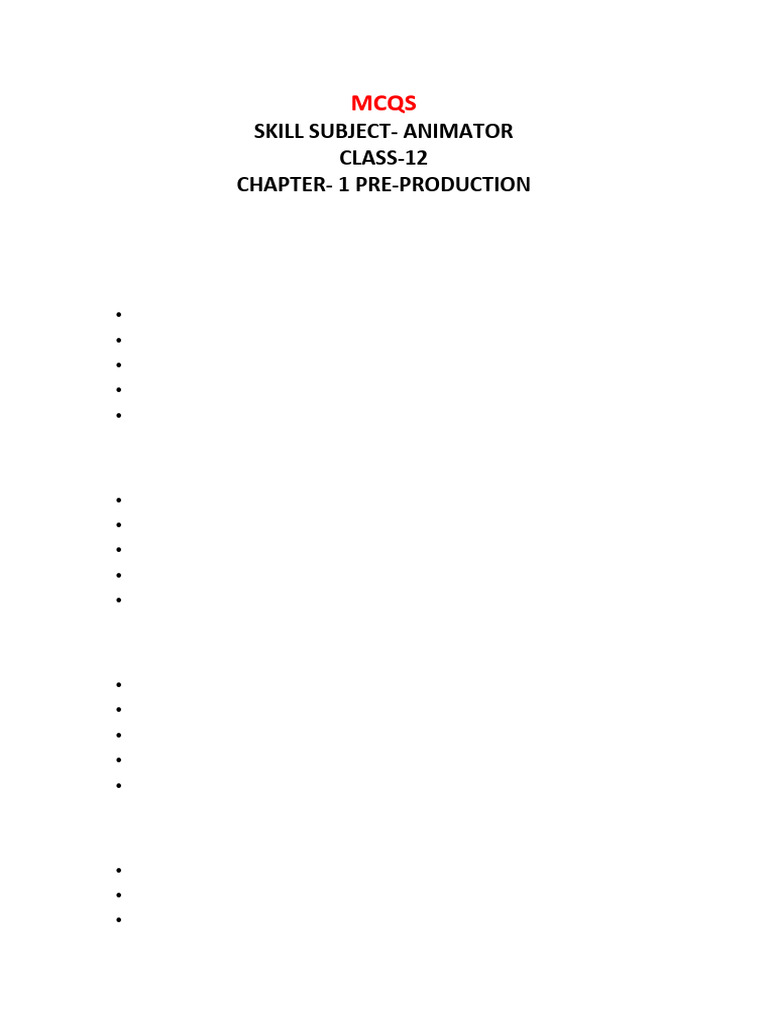 Pre-Production MCQs for Animators | PDF | Teachers | Animation