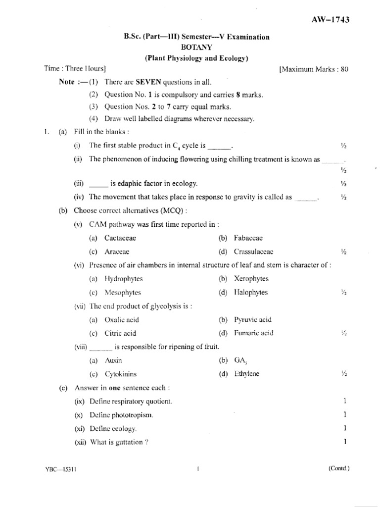 BSC 5 Sem Botany Plant Physiology N Ecology S 2019 | PDF | Botany | Plants