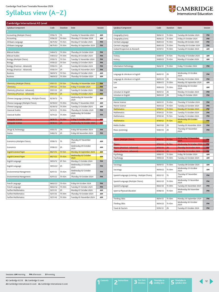 Cambridge A Level Oct Nov 2024 Zone 4 Timetable Edit | PDF | Science