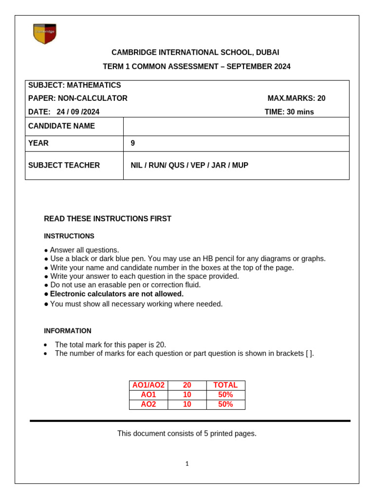 Year 9 Math Assessment September 2024 | PDF | Mathematics