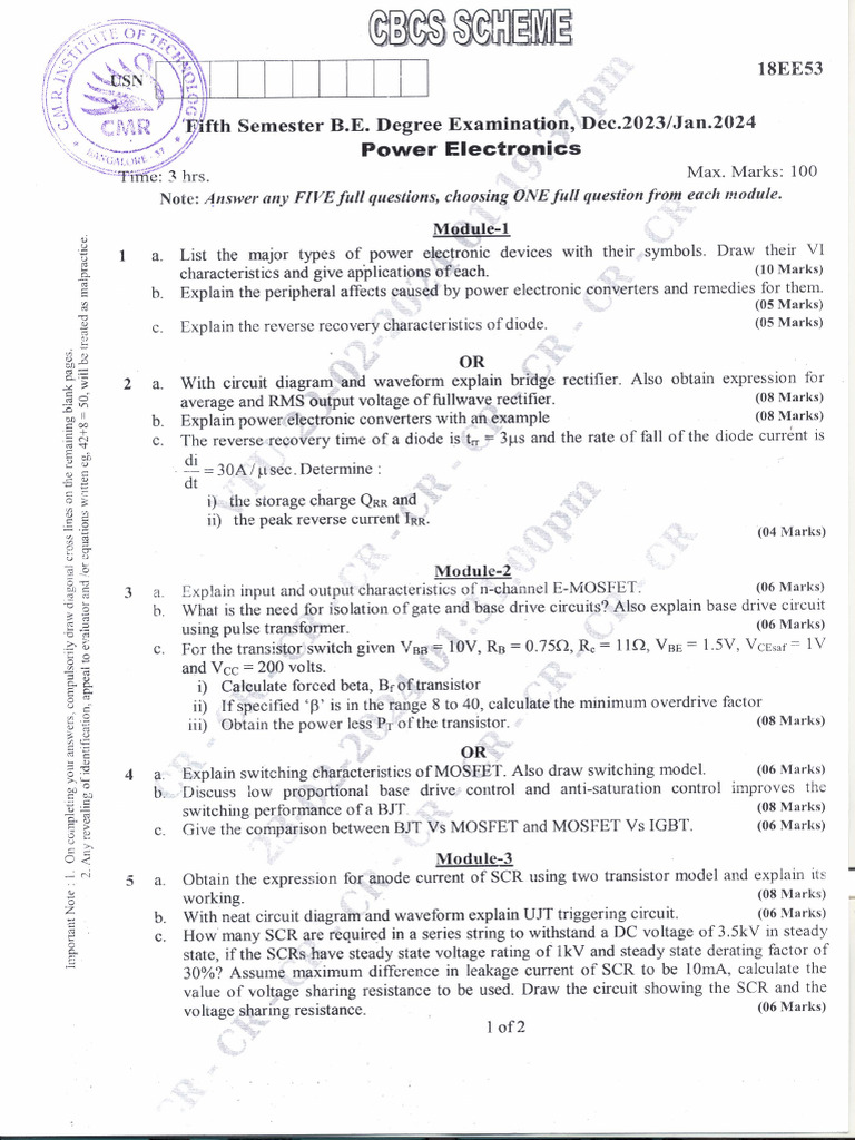 VTU Question Paper of 18EE53 Power Electronics Jan-Fab-2024 | PDF