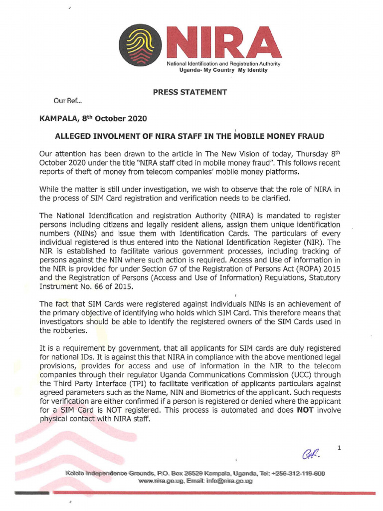 Clarification On Nira Role in Sim Card Verification 8 10 20201 | PDF