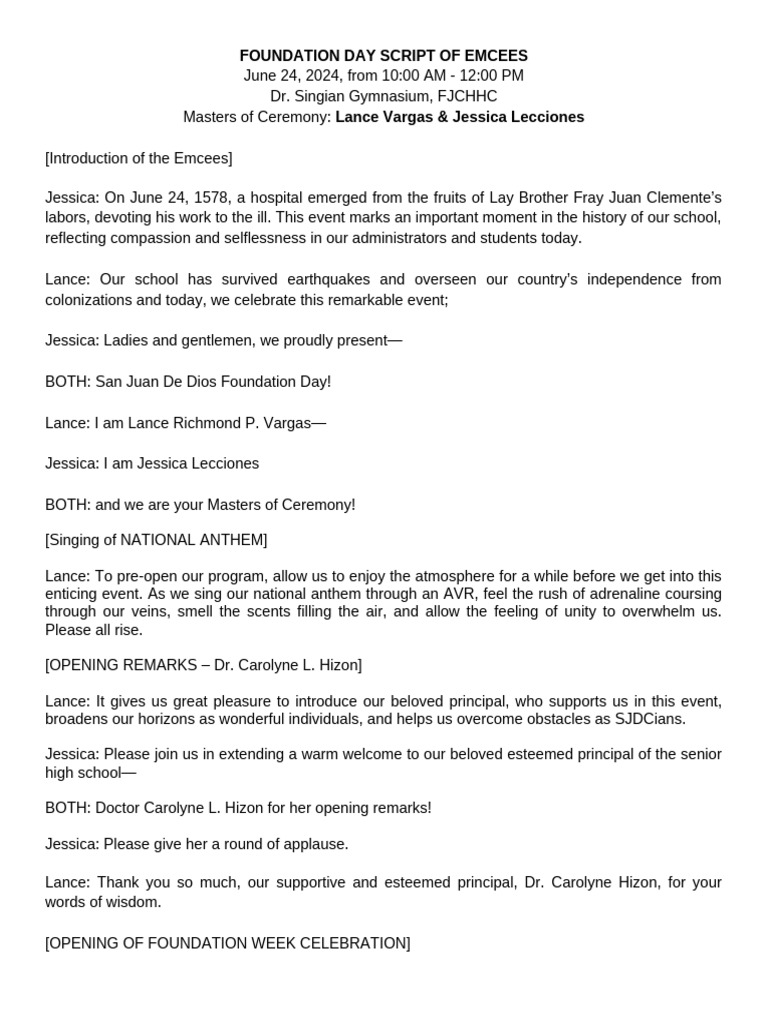 Foundation Day Script of Emcees | PDF | Performing Arts