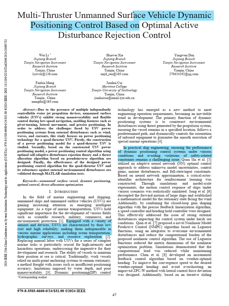 Multi-Thruster Unmanned Surface Vehicle Dynamic Positioning Control Based On Optimal Active ...
