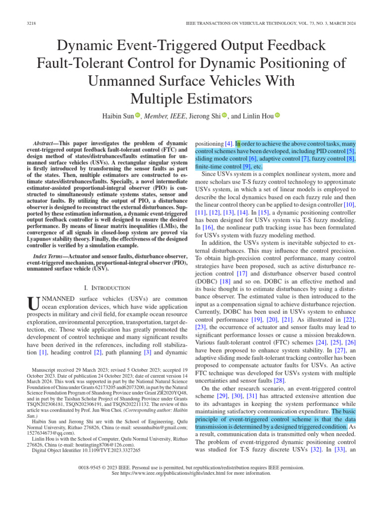 Dynamic Event-Triggered Output Feedback Fault-Tolerant Control For Dynamic Positioning of ...