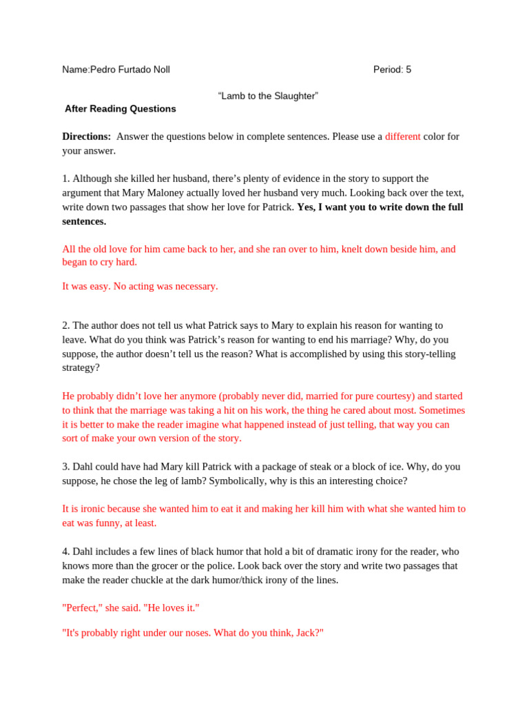 Lamb To Slaughter-Text Dependent Questions | PDF