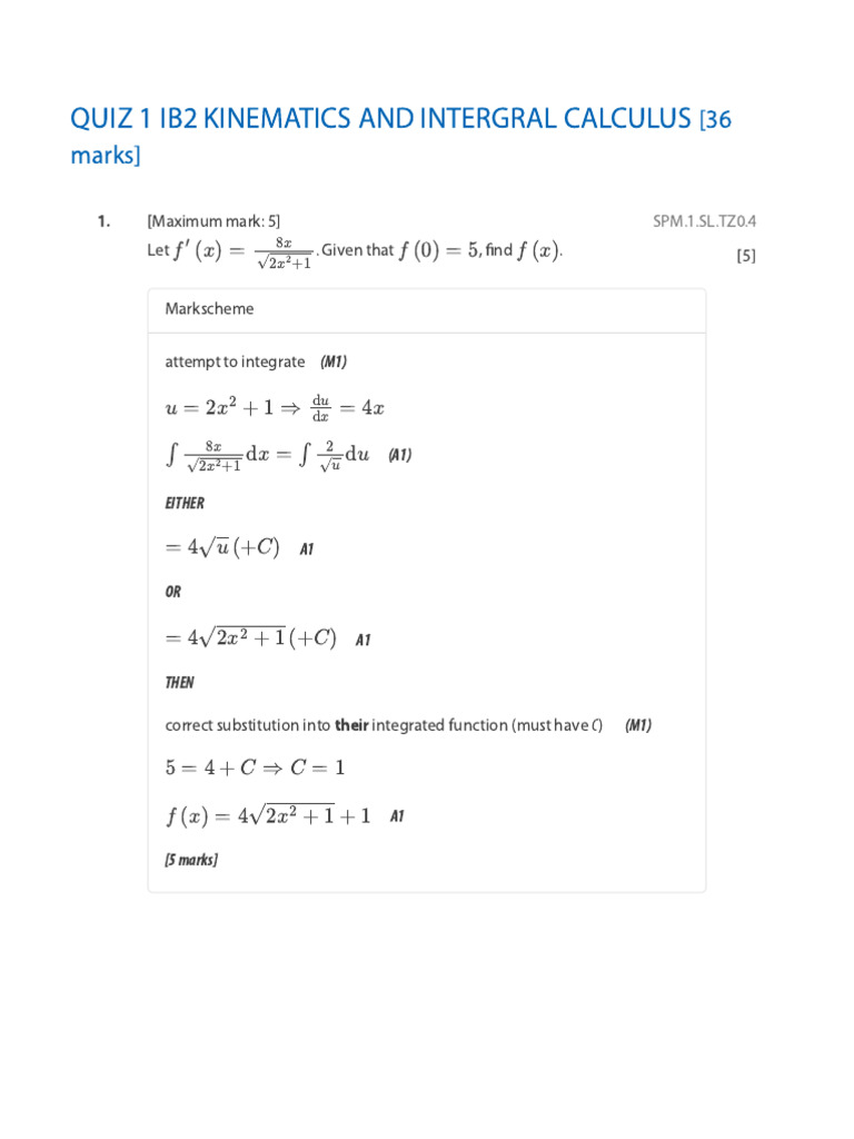QUIZ 1 IB2 KINEMATICS AND INTERGRAL CL Ans | PDF | Mathematical Analysis | Mathematical Relations