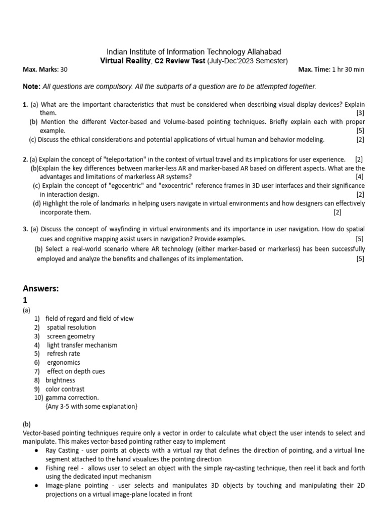VR C2 Paper (Answers) | PDF | Augmented Reality | Virtual Reality