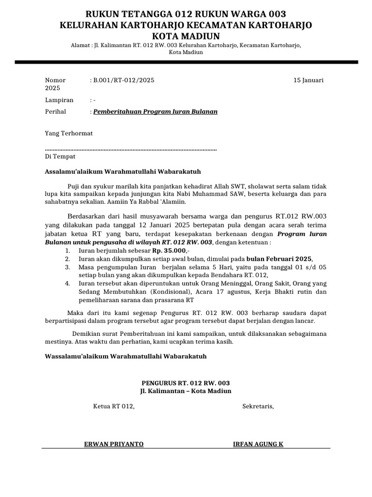 Surat Pemberitahuan Iuran Untuk Pengusaha | PDF