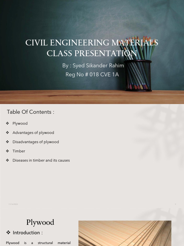 Civil Engineering Materials Class Presentation - 1 | PDF | Lumber | Plywood