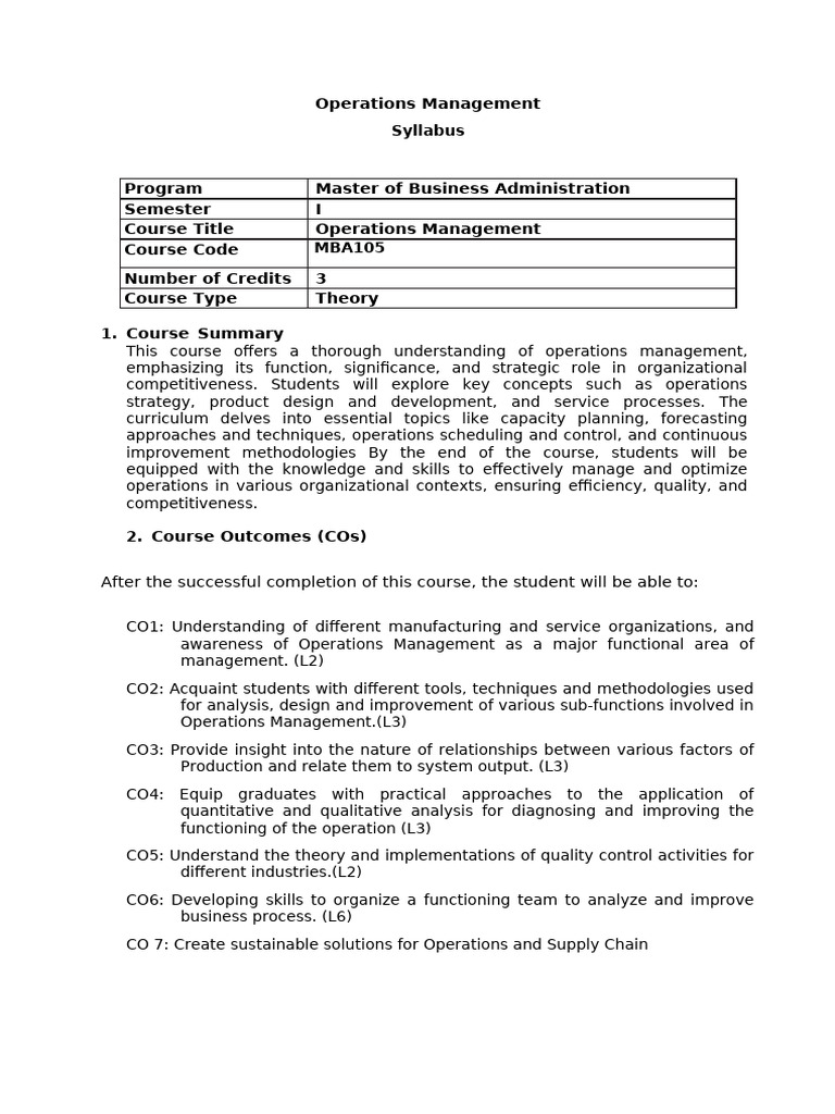 MBA105-Q2-SLM-Unit-00-of-10 Syllabus Operations Management | PDF | Operations Management | Lean ...
