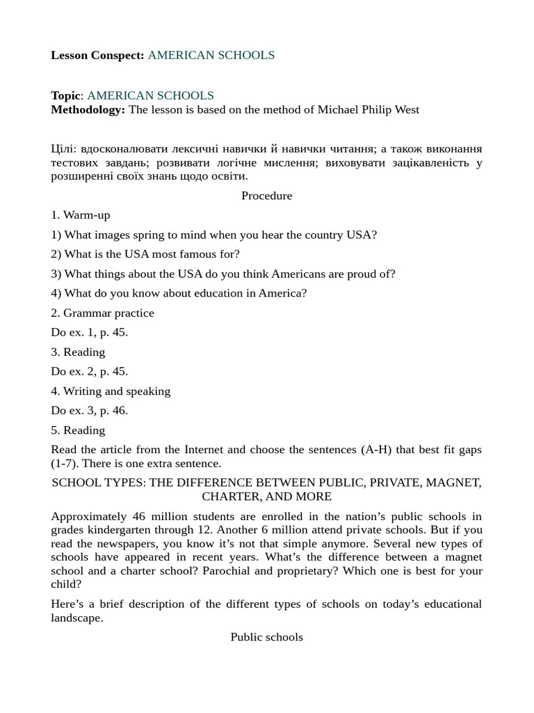 Lesson Conspect AMERICAN SCHOOLS | PDF | Private School | Schools