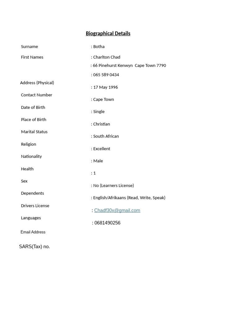 Charlton Chad Botha's CV Summary | PDF