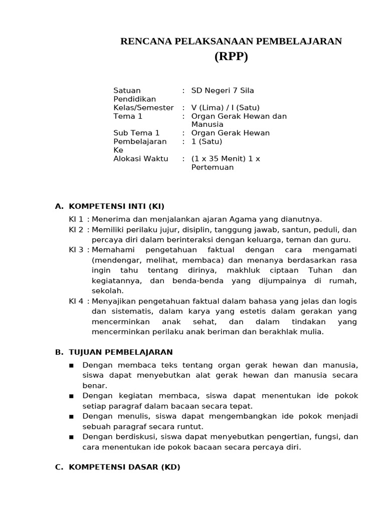 RPP Kelas 5 Tema 1 Sub Tema 1 Pokok Baha | PDF