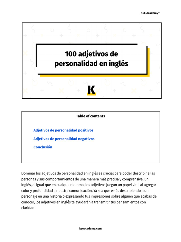 100 Adjetivos de Personalidad en Ingle S KSE Academy | PDF