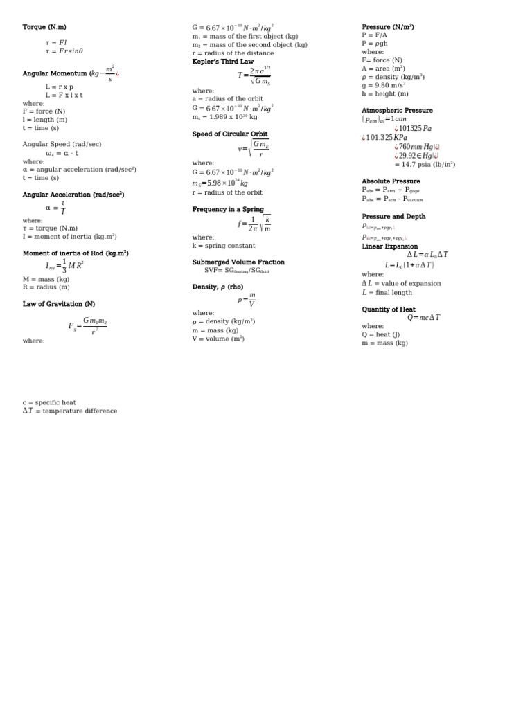 Formula-Sheet | PDF | Pressure | Density