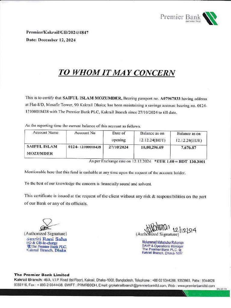Bank Solvency Certificate | PDF