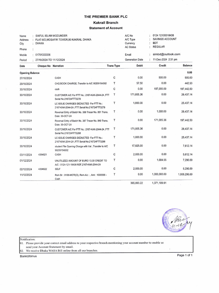 Bank Statement-Premier Bank | PDF | Personal Finance | Payments