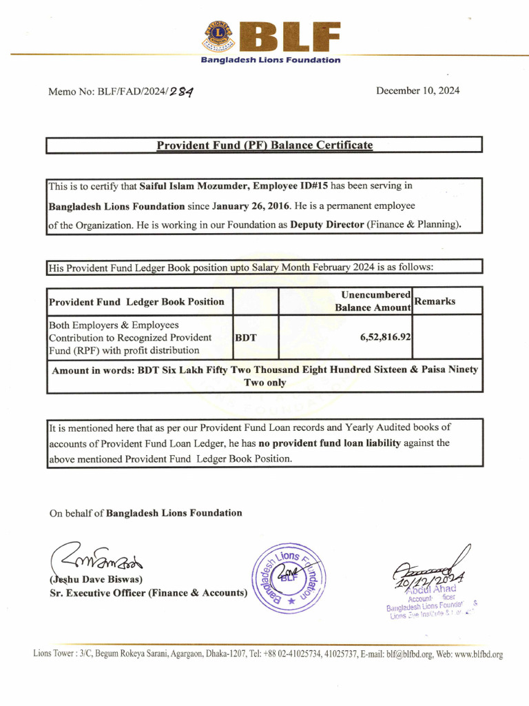 Provident Fund Certificate | PDF