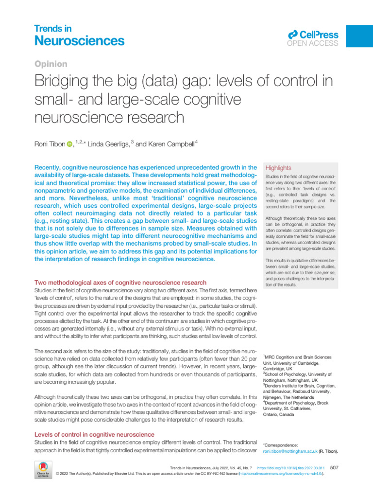 Bridging The Big (Data) Gap Levels of Control in Small - and Large-Scale Cognitive Neuroscience ...