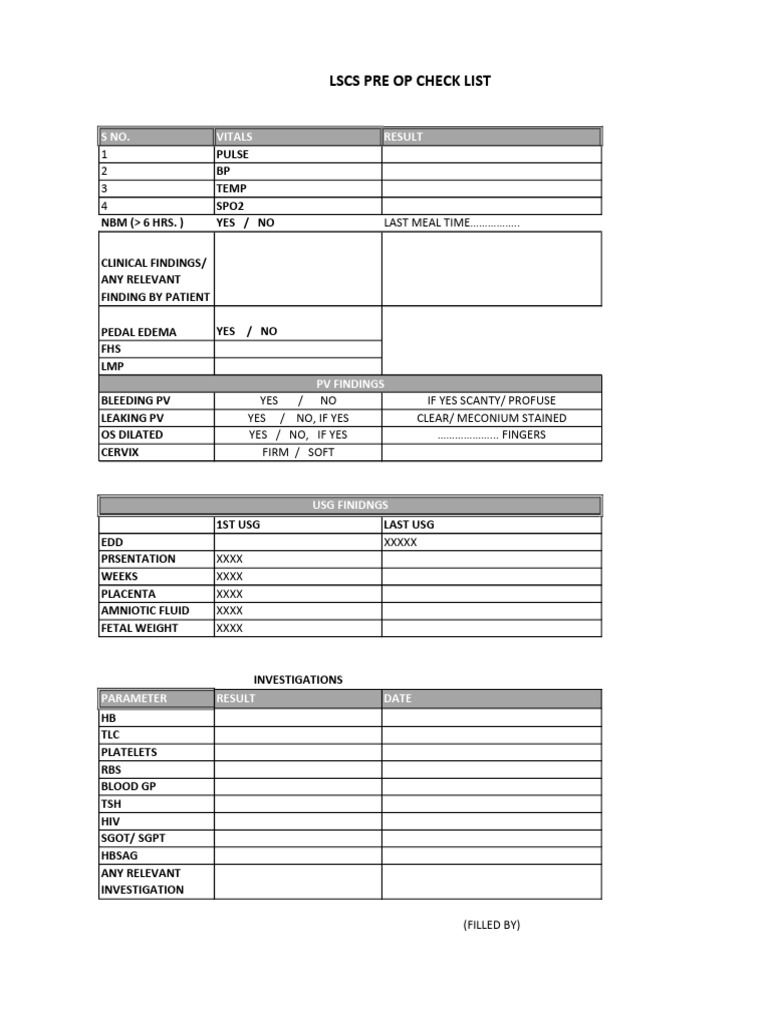 Lscs Pre Op Check List | PDF