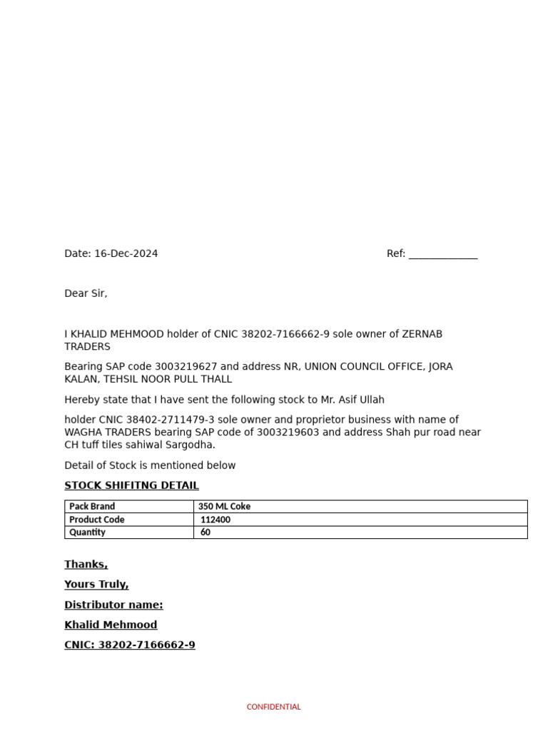 Stock Shifitng Letter To Wagha | PDF