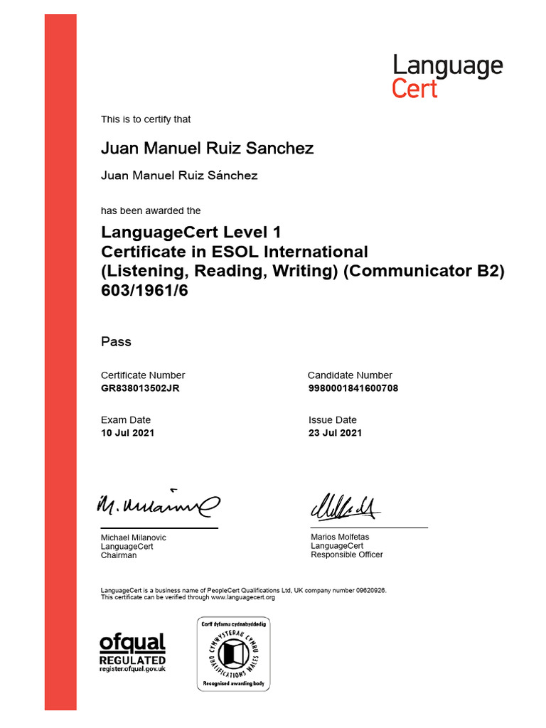 LanguageCert B2 ESOL Certificate | PDF