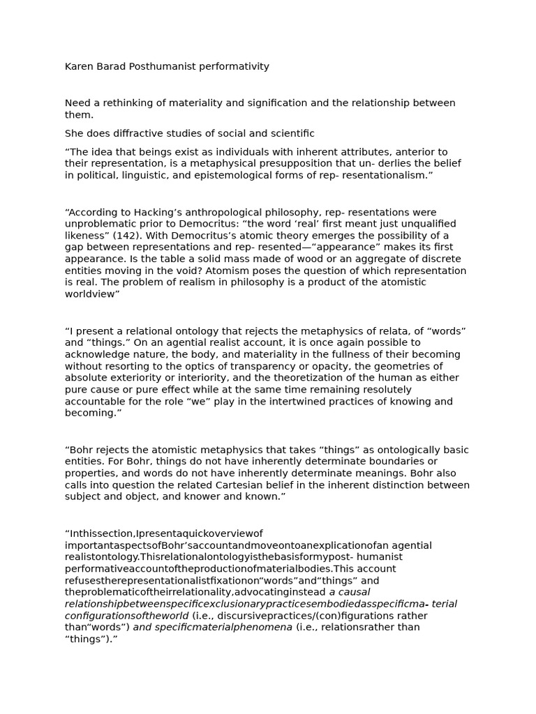 Karen Barad Posthumanist Performativity | PDF | Metaphysics | Ontology