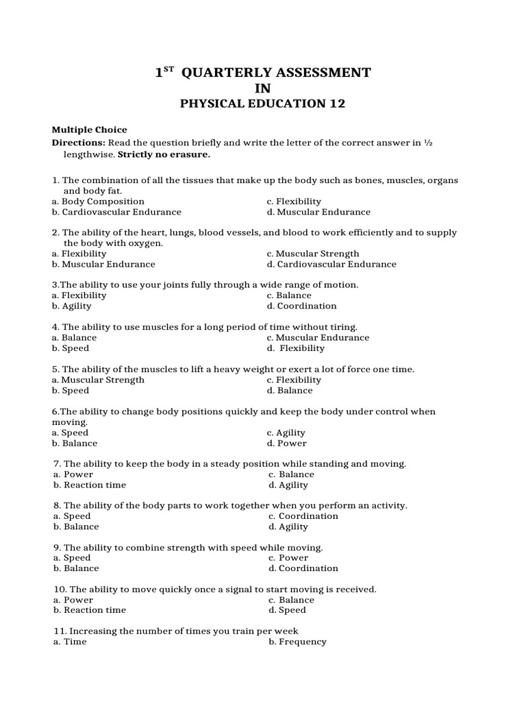PE 12 1st Quarteryl Exam Sy 23-24 | PDF | Strength Training | Physical ...
