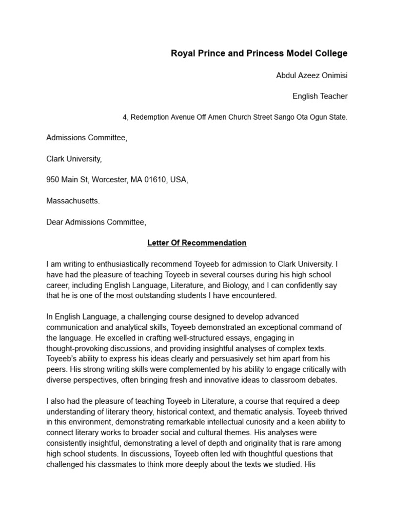 Recommendation for Toyeeb to Clark University | PDF | Human Communication | Cognitive Science