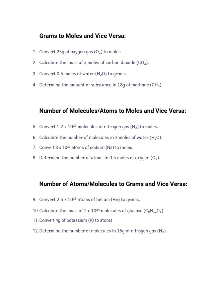 Mole and Gas Conversion Worksheet | PDF