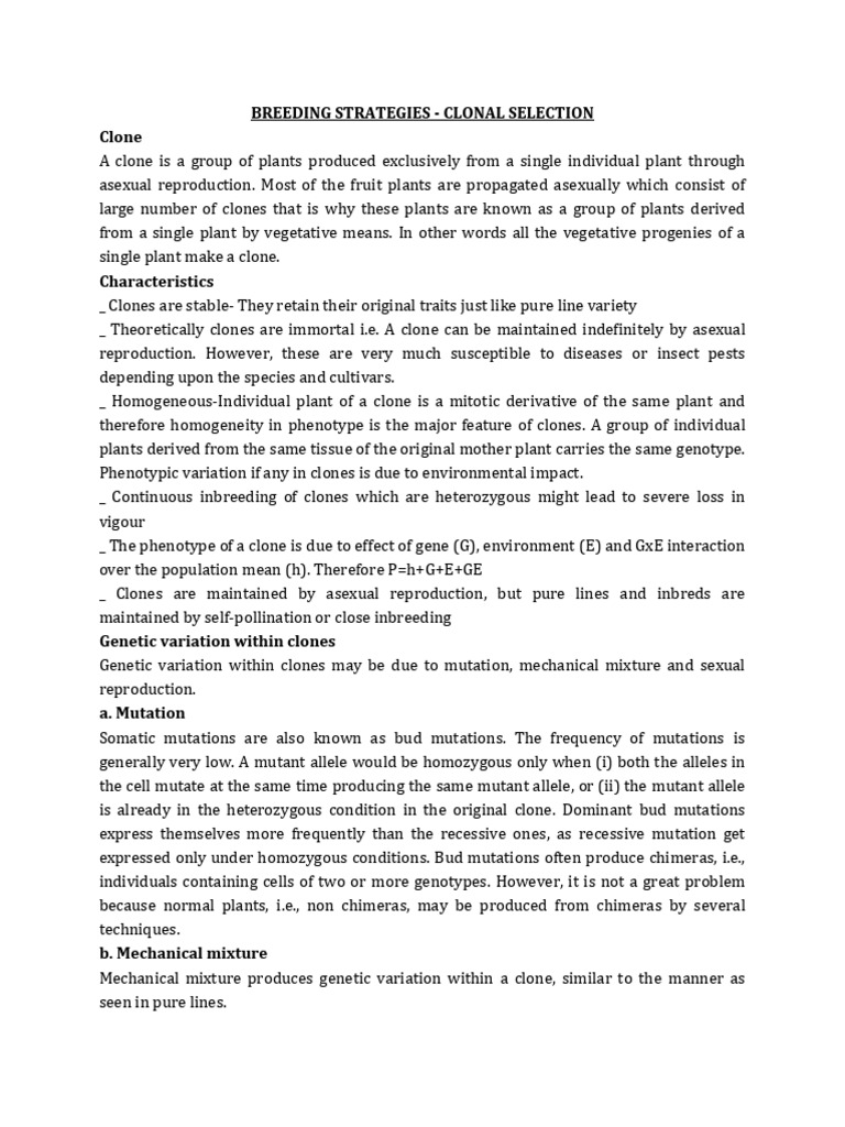 Clonal Selection in Plant Breeding | PDF | Plant Breeding | Dominance ...
