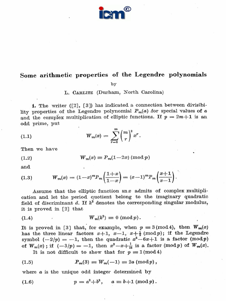 Carlitz, L - Some Arithmetic Properties of The Legendre Polynomials - Acta Arithm 4 (1957) | PDF