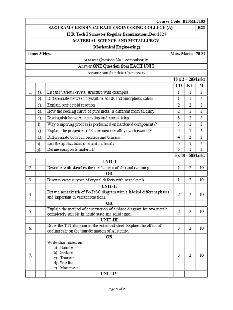 SRKR Engineering Material Science Q Paper | PDF | Steel | Physical Sciences