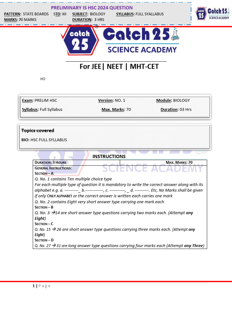 Final Catch 25 Biology Prelim 1 - 1 | PDF | Biology