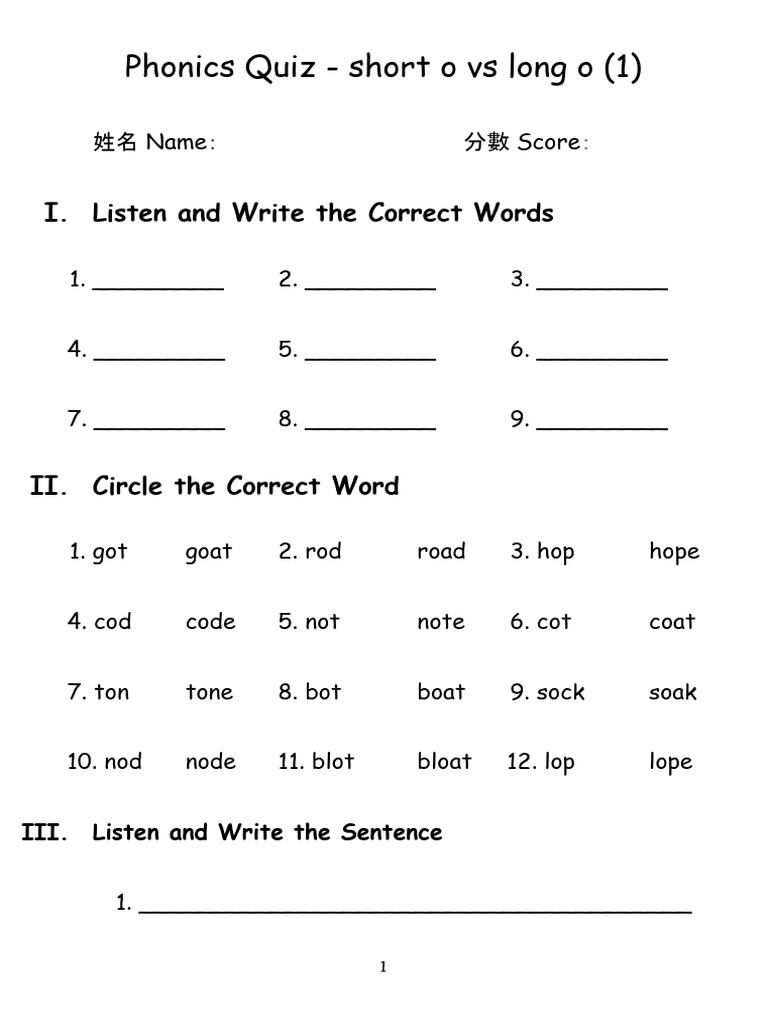 Phonics Quiz - Short Vowel o Vs Long Vowel o | PDF